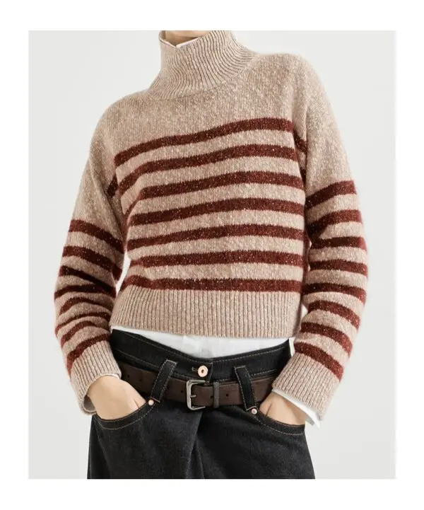 Brunello Cucinelli Soft Virgin Wool And Cashmere Turtleneck Sweater With Dazzling Stripes - Beige