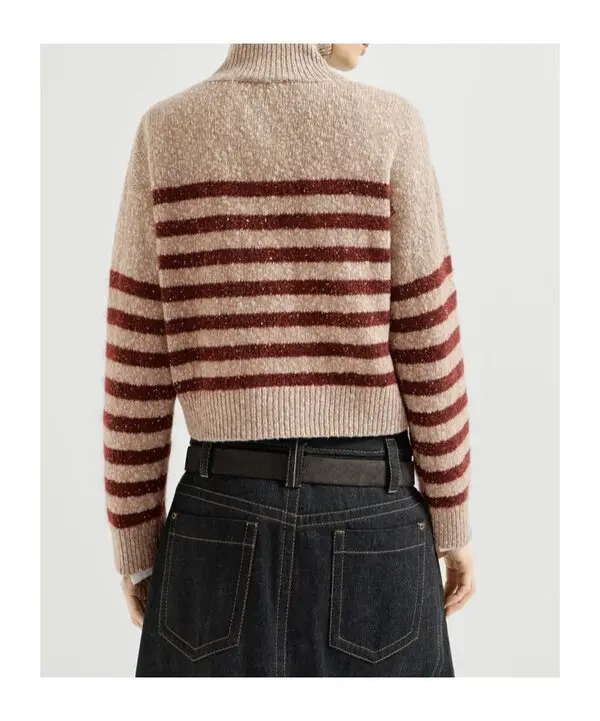 Brunello Cucinelli Soft Virgin Wool And Cashmere Turtleneck Sweater With Dazzling Stripes - Beige