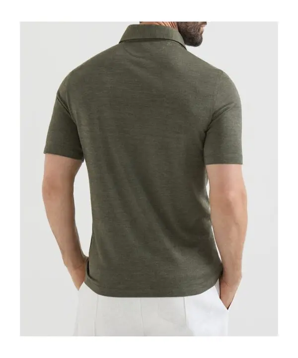 Brunello Cucinelli Virgin Wool, Silk And Cotton Piqué Polo Shirt With Spread Collar - Military