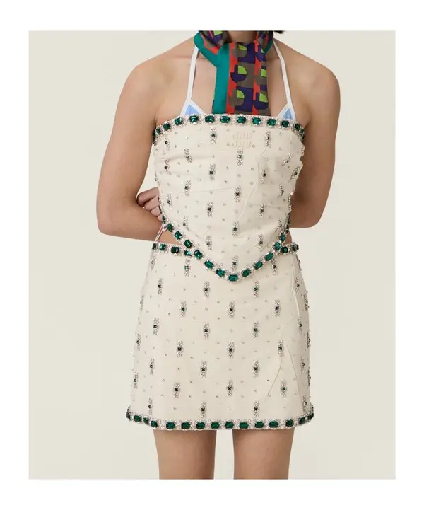 Miu Miu Embellished Canvas Strapless Top