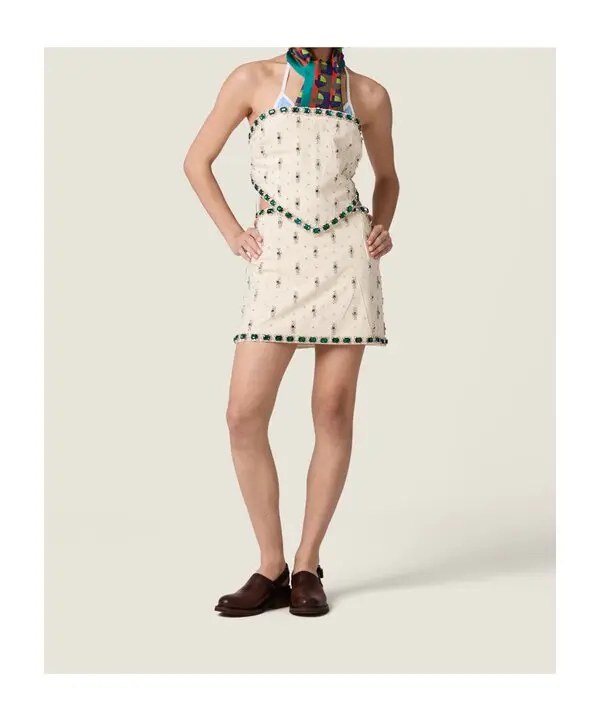 Miu Miu Embellished Canvas Strapless Top