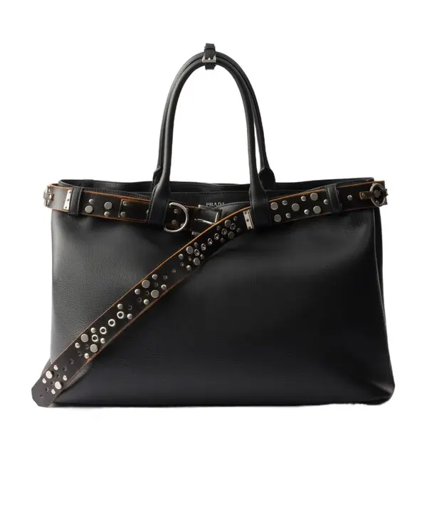Prada Buckled Studded Leather Bag - Black