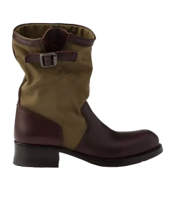 Prada Leather And Canvas Buckled Boots - Forest Green