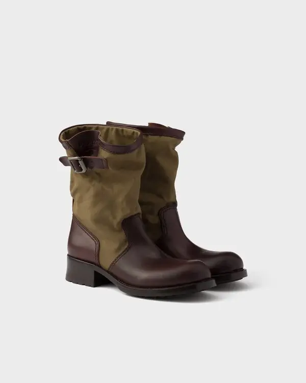 Prada Leather And Canvas Buckled Boots - Forest Green