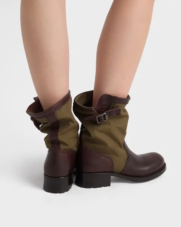 Prada Leather And Canvas Buckled Boots - Forest Green