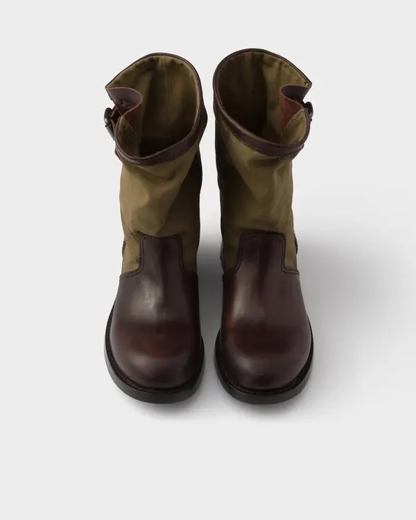 Prada Leather And Canvas Buckled Boots - Forest Green