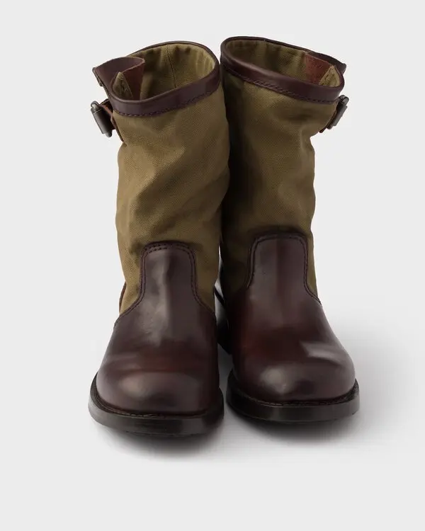 Prada Leather And Canvas Buckled Boots - Forest Green