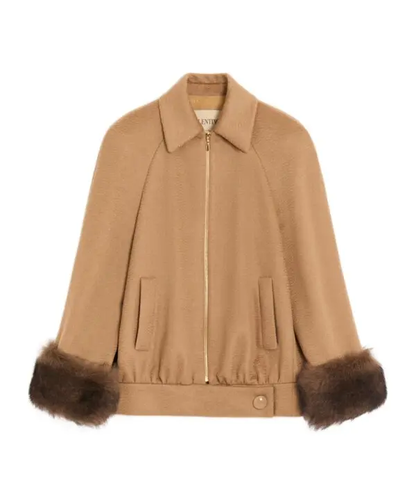 Valentino Garavani Collared Long-sleeved Casual Jacket With Fur Trim - Nude