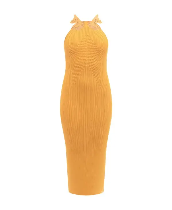 SELF-PORTRAIT Lace Detailed Halter Neck Midi Dress - Orange