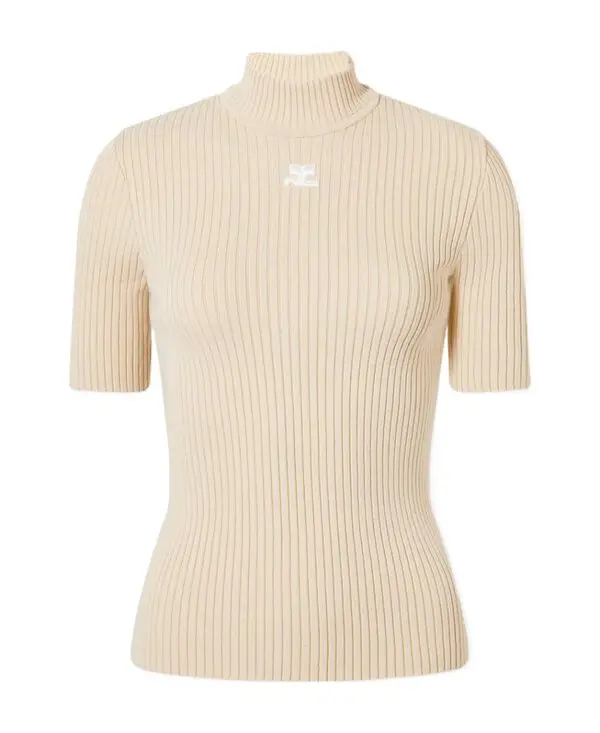 COURREGES Ribbed Turtleneck Short Sleeve Sweater - Nude