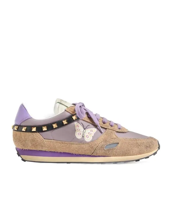 Valentino Garavani Stud Up Sneakers In Split Leather And Nylon With Butterfly Embroidery