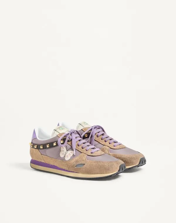 Valentino Garavani Stud Up Sneakers In Split Leather And Nylon With Butterfly Embroidery
