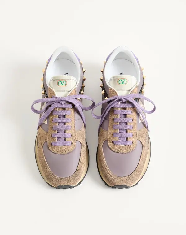 Valentino Garavani Stud Up Sneakers In Split Leather And Nylon With Butterfly Embroidery