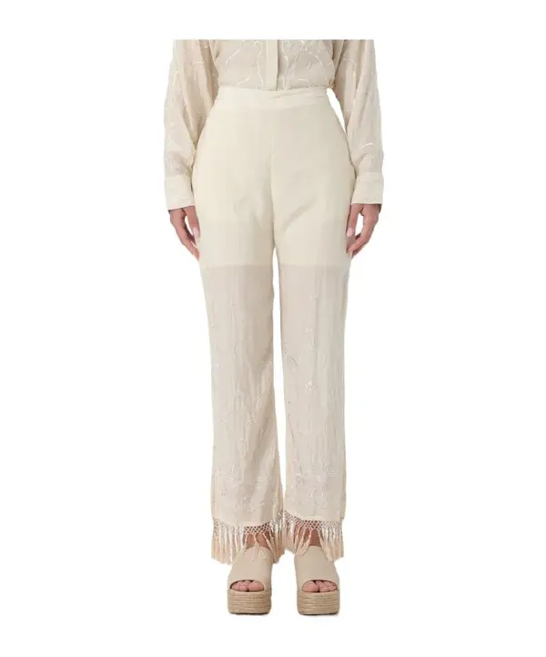SEMICOUTURE Embroidered Trousers With Fringe Detail - Nude