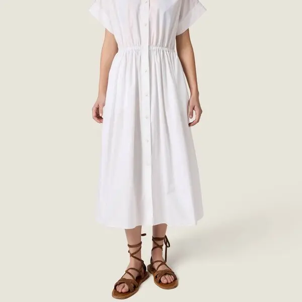 Miu Miu Poplin Midi Dress With Embroidered Logo - White