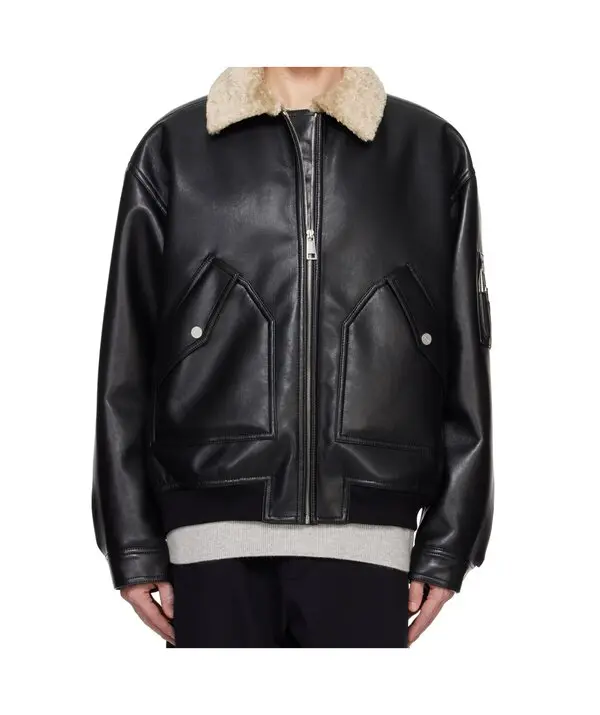 Nanushka Leather Bomber Jacket With Shearling Collar