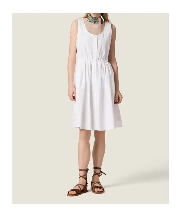 Miu Miu Sleeveless Button-up Poplin Dress With Embroidered Logo - White