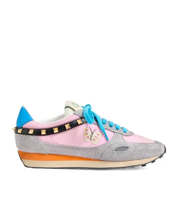 Valentino Garavani Stud-up Trainers In Split Leather And Nylon With Butterfly Embroidery