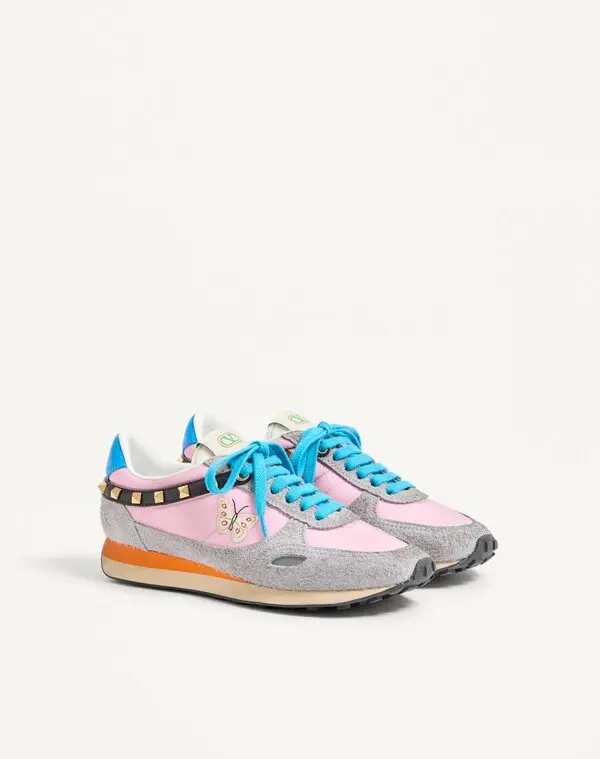 Valentino Garavani Stud-up Trainers In Split Leather And Nylon With Butterfly Embroidery