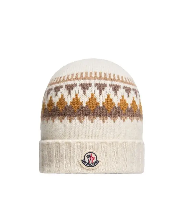 Moncler Jacquard Wool Cashmere Blend Beanie - White