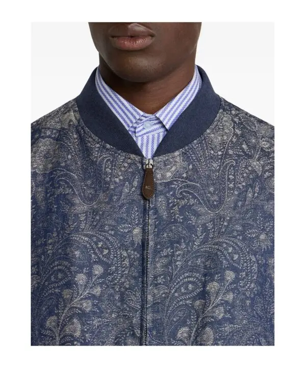 Etro Jacquard Denim Bomber Jacket With Floral Paisley Motif