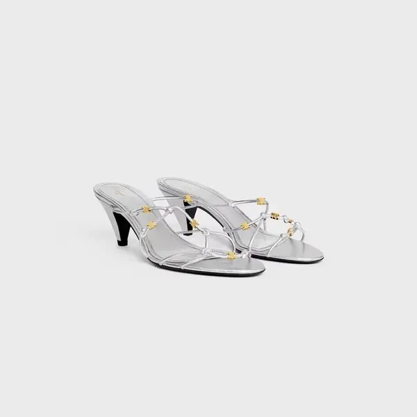 Celine Uptown Heeled Mule In Goatskin And Laminated Lambskin - Silver