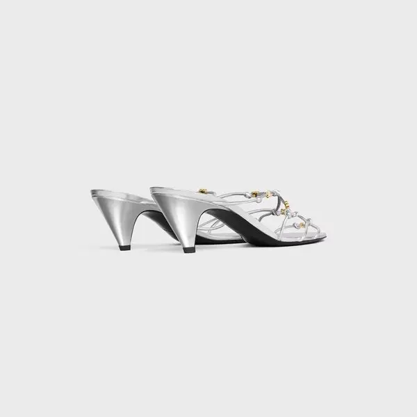 Celine Uptown Heeled Mule In Goatskin And Laminated Lambskin - Silver