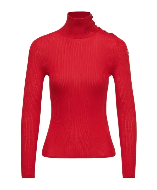 Moncler Ribbed Wool Turtleneck With Snap Button Detail - Red