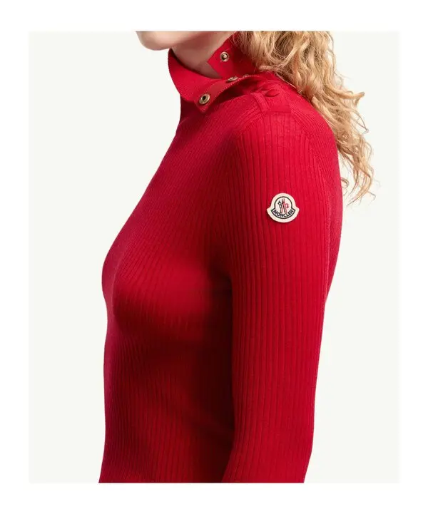 Moncler Ribbed Wool Turtleneck With Snap Button Detail - Red