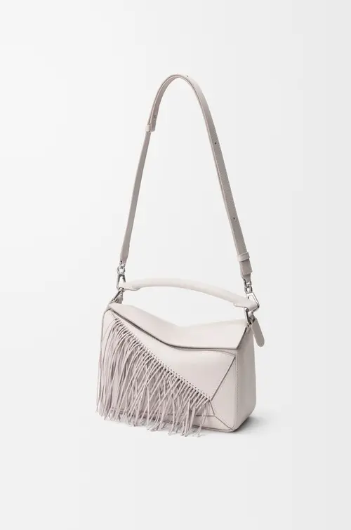 Loewe Fringe Small Puzzle Bag In Classic Calfskin - White