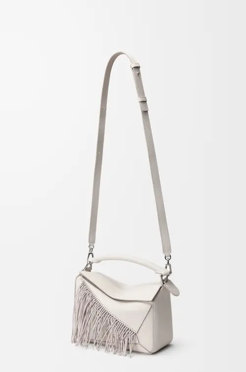 Loewe Fringe Small Puzzle Bag In Classic Calfskin - White