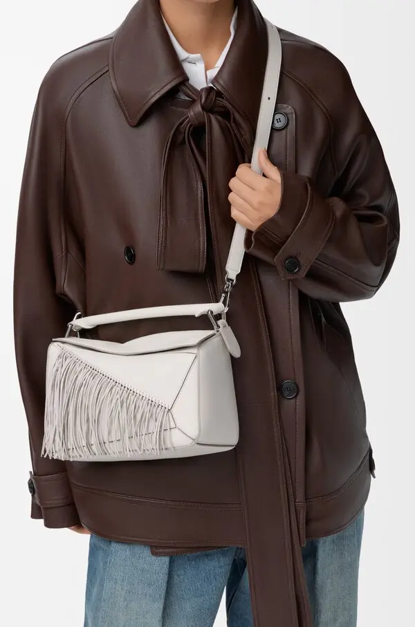 Loewe Fringe Small Puzzle Bag In Classic Calfskin - White