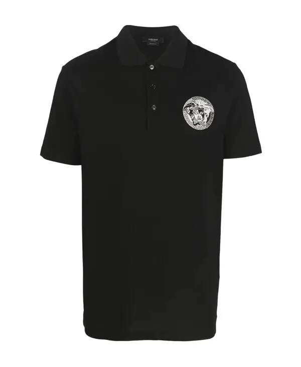 Versace Medusa Embroidered Short Sleeved Polo Shirt - Black
