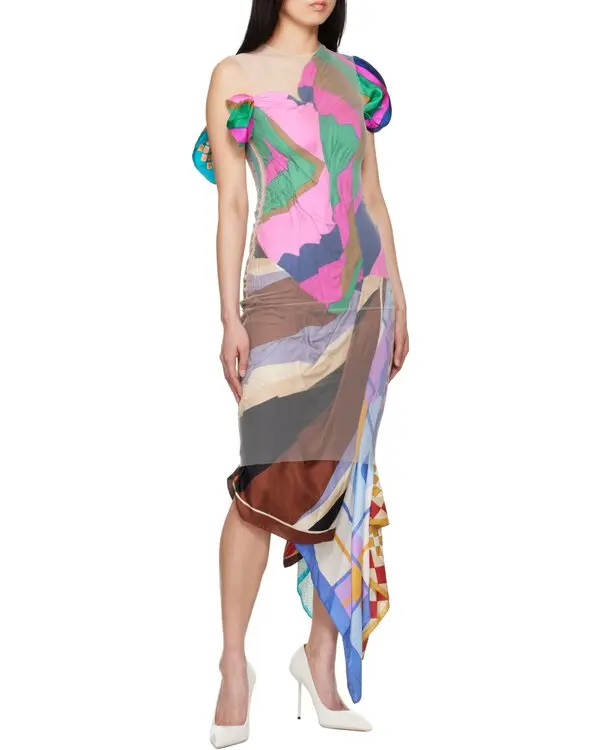MARINE SERRE Asymmetrical Scarf-detailed Midi Dress
