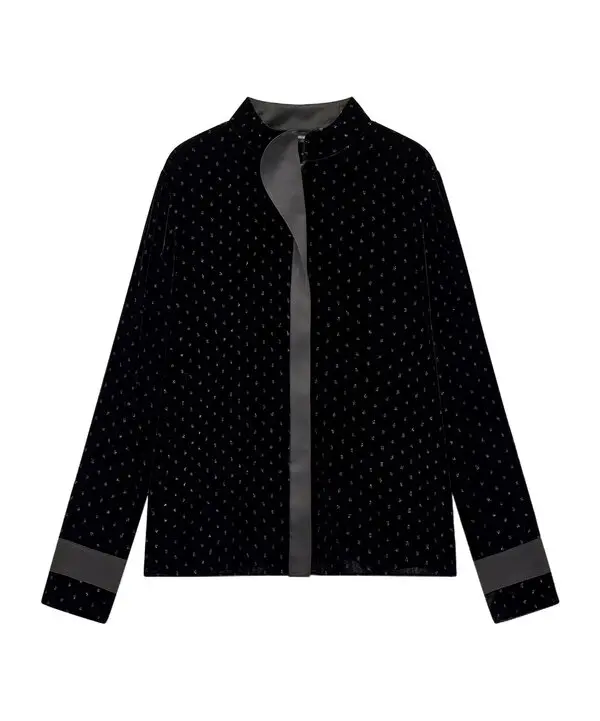 Emporio Armani Velvet Blouse With Glitter Polka Dots And Satin Trim - Black