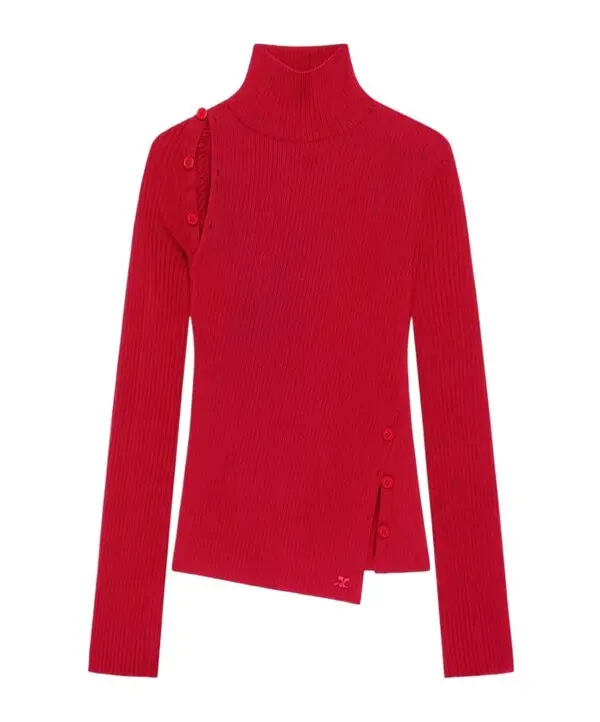 COURREGES Ribbed Turtleneck Sweater With Button Embellishments - Ruby Red