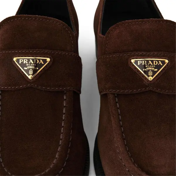 Prada Suede Penny Loafers With Metallic Buckle - Black