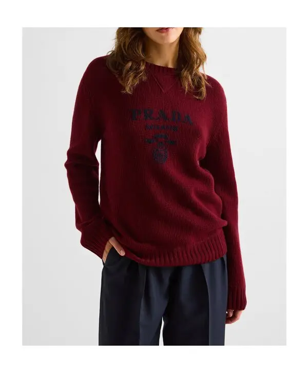 Prada Crew Neck Knit Sweater With Embroidered Graphic