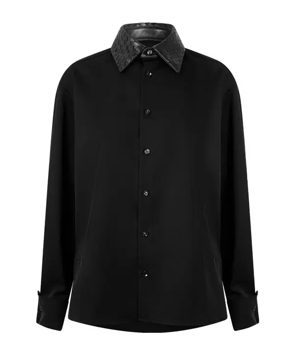 Bottega Veneta Long Sleeve Textured Faux Leather Collar Shirt - Black