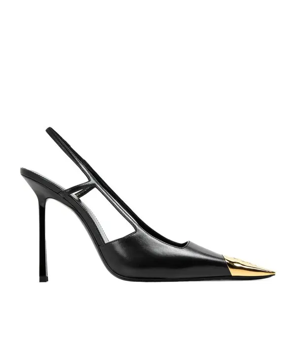 Saint Laurent Pointed-toe Slingbacks With Gold Metal Cap Toe - Black