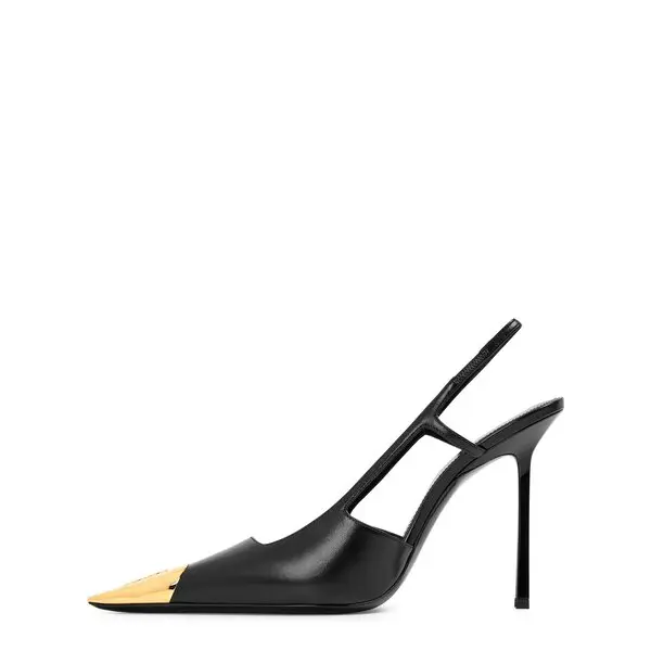Saint Laurent Pointed-toe Slingbacks With Gold Metal Cap Toe - Black
