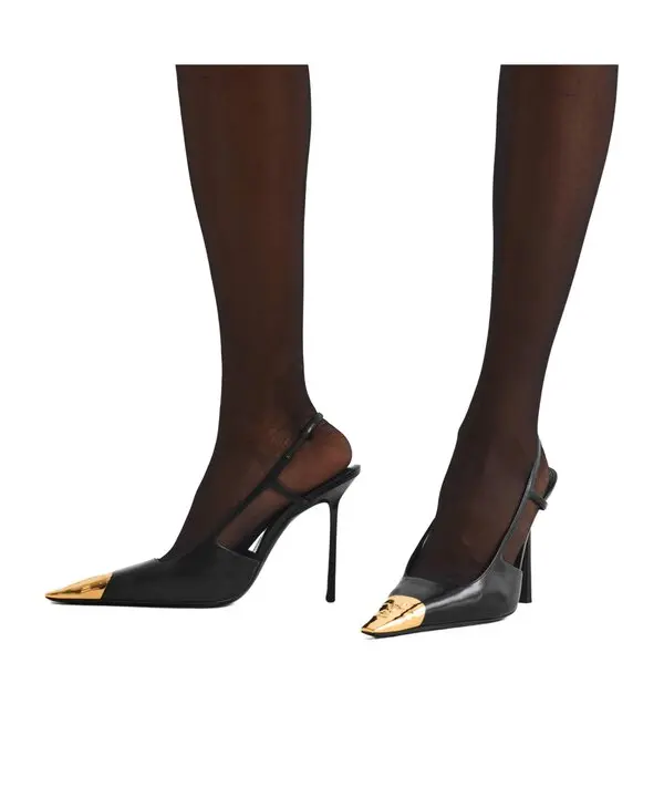 Saint Laurent Pointed-toe Slingbacks With Gold Metal Cap Toe - Black