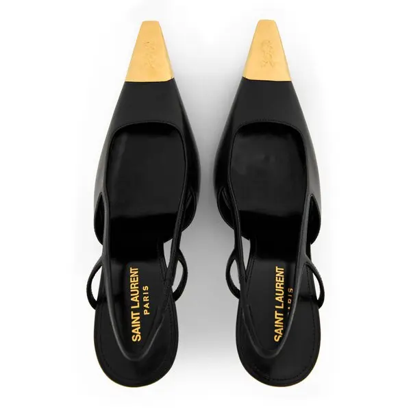 Saint Laurent Pointed-toe Slingbacks With Gold Metal Cap Toe - Black