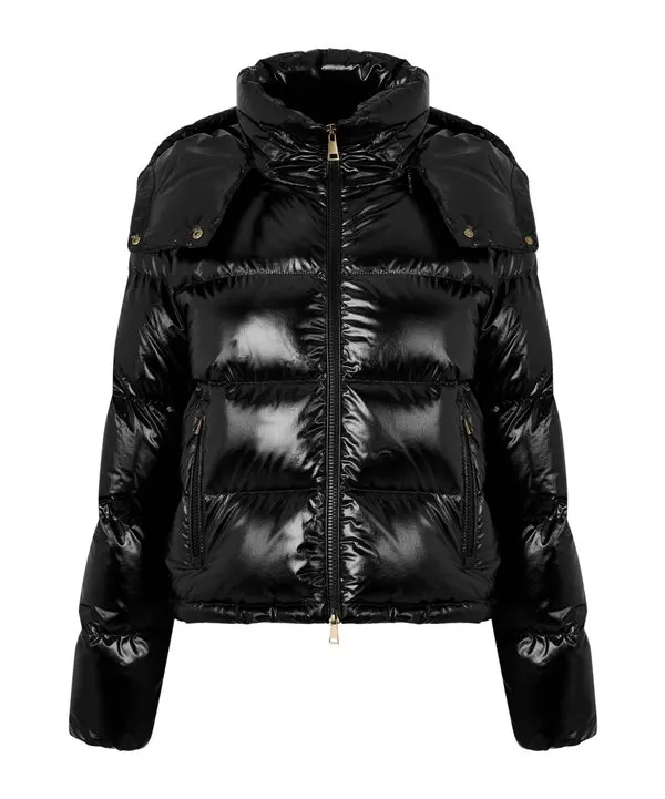 Moncler Cropped Glossy Quilted Down Jacket With Detachable Hood - Black