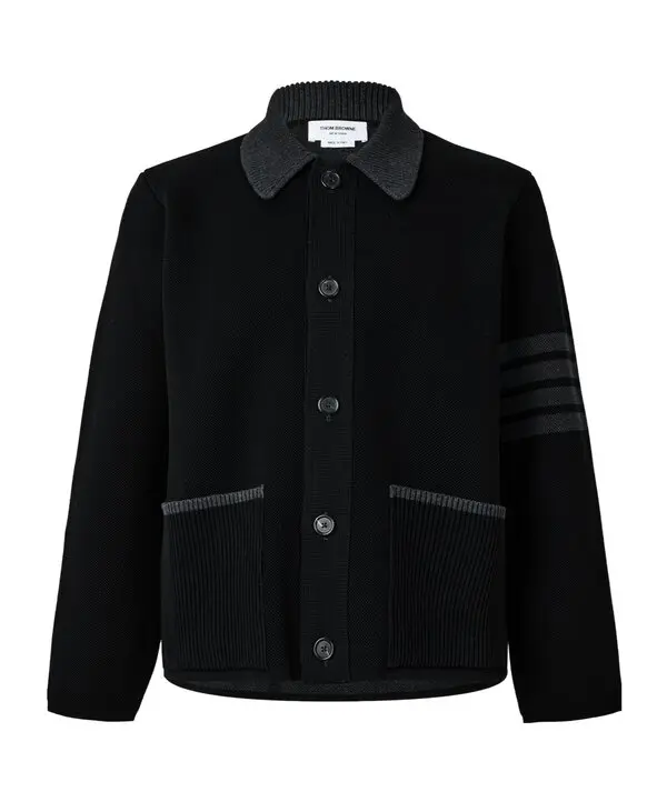 Thom Browne Knit Button-front Jacket With Textured Collar And Signature Stripes