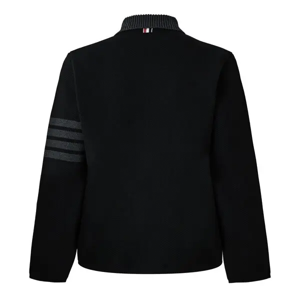 Thom Browne Knit Button-front Jacket With Textured Collar And Signature Stripes