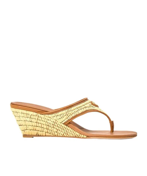 Prada Wedge Slide Sandals With Raffia Heel