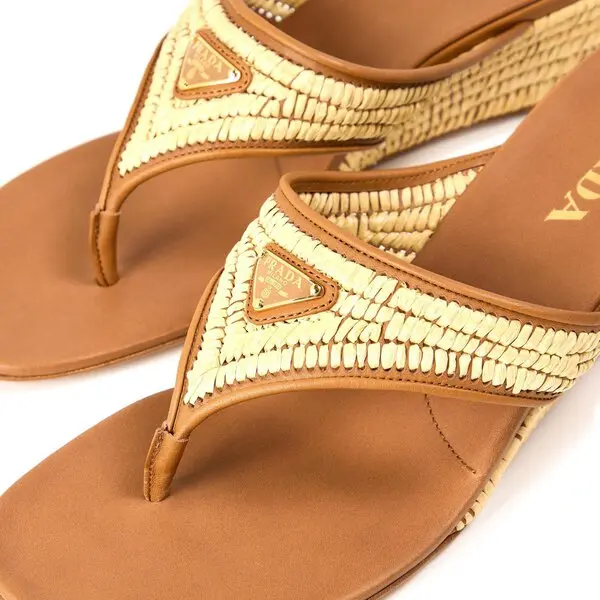 Prada Wedge Slide Sandals With Raffia Heel