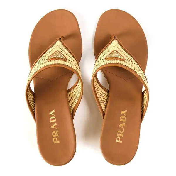 Prada Wedge Slide Sandals With Raffia Heel