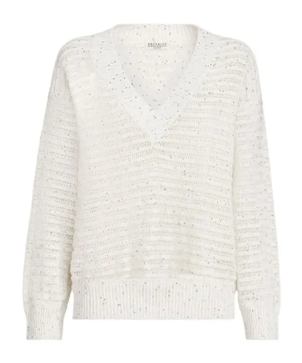 Brunello Cucinelli Open-work Embroidered V-neck Sweater